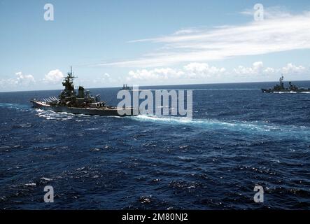 Aerial port quarter view of the battleship USS NEW JERSEY (BB 62 ...