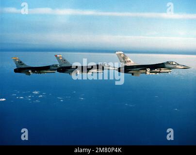 A right front view of an F-16A Fighting Falcon aircraft during ...