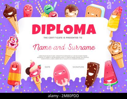 Kids diploma with cartoon ice cream characters. Vector award frame ...