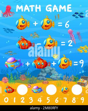 Math game worksheet. Submarine or bathyscaphe, underwater landscape ...