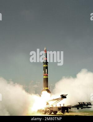 A Pershing-II battlefield support missile is launched by the US Army ...