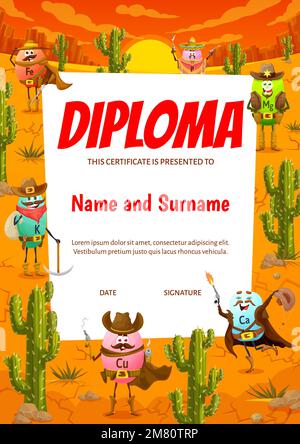 Kids diploma, Wild West cartoon vitamin A, B and E cowboy, bandit and ...