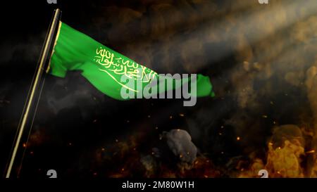 defocused Saudi Arabia flag on smoke with sun beams backdrop - disaster ...