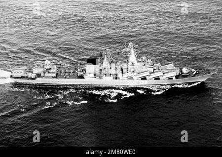 A starboard beam view of the Soviet Slava class guided missile cruiser ...