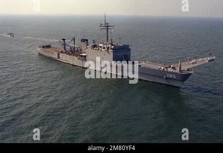Aerial starboard bow view of the tank landing ship USS MANITOWOC (LST ...