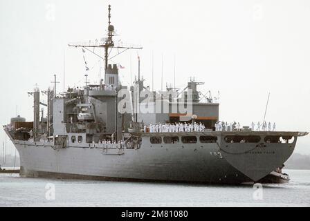 A port quarter view of the combat stores ship USNS MARS (T-AFS-1) and ...