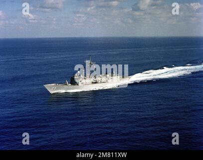 Aerial port bow view of the Oliver Hazard Perry Class guided missile ...