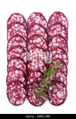 pieces of sliced salami sausage laid out to create layout, salami sausage slices isolated on ...