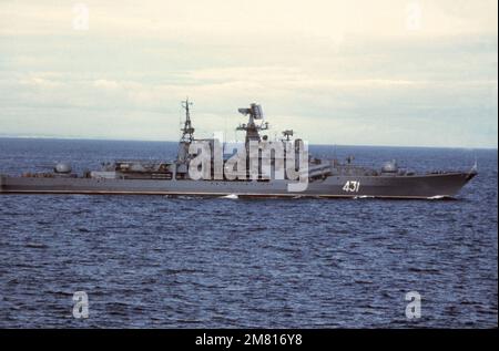 A starboard beam view of the Soviet Sovremenny class guided missile ...