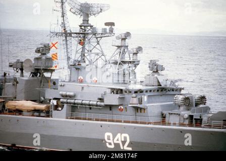 A starboard amidships view of the Soviet Krivak II class guided missile ...