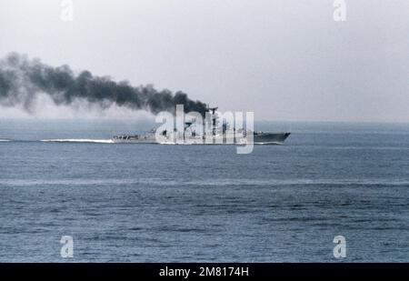 A starboard beam view of the Soviet Kanin class guided missile ...