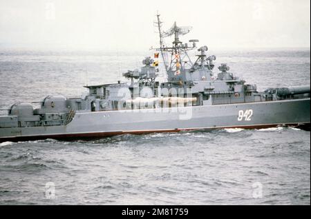 A starboard beam view of the Soviet "Krivak I" class guided missile ...