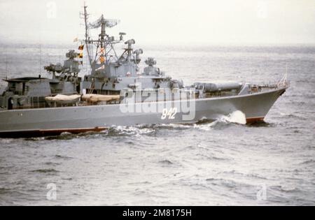 A starboard (forward) view of the Soviet "Krivak II" class guided ...