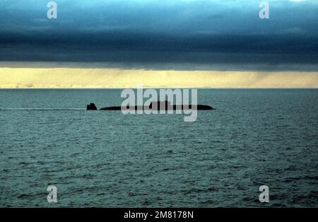 A starboard beam view of a Soviet Papa class nuclear-powered cruise ...