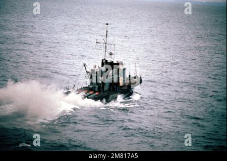 A starboard quarter view of a Soviet torpedo retriever underway ...