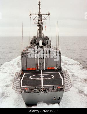 An aerial stern view of the guided missile frigate HALYBURTON (FFG 40 ...