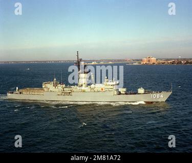 A starboard beam view of the frigate USS COOK (FF-1083) underway with ...