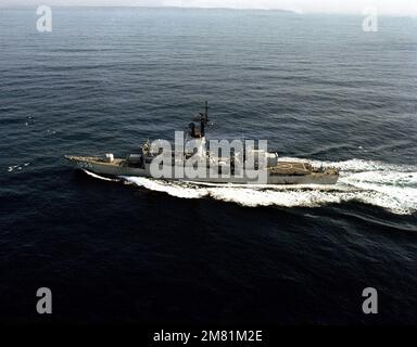 An aerial port beam view of the frigate USS HEPBURN (FF-1055) underway ...