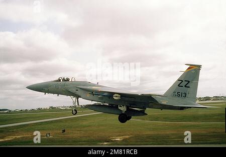An air-to-air left side view of 18th Tactical Fighter Wing F-15 Eagle ...
