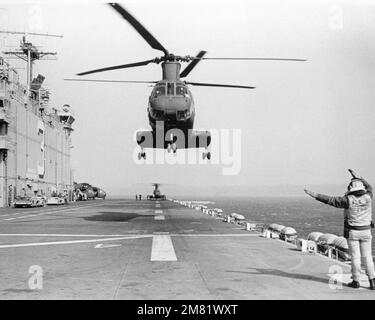 A landing signal enlisted man (LSE) directs a Marine Medium Helicopter ...