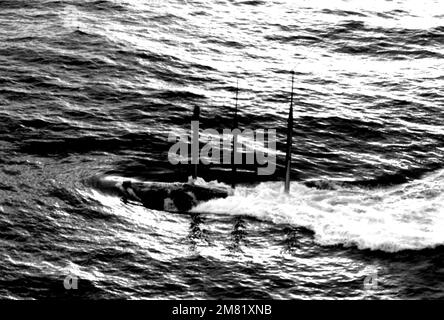 An aerial view of a Soviet "Victor I" class submarine submerged just ...