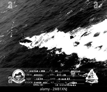 An aerial view of a Soviet "Victor I" class submarine submerged just ...