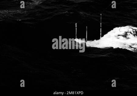 An aerial port side view of a Soviet "Victor I" class submarine ...