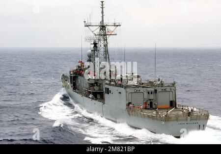 Aerial port quarter view of the Oliver Hazard Perry class guided ...