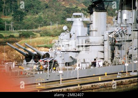 The starboard aft section of the battleship USS NEW JERSEY (BB 62 ...