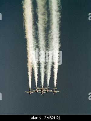 A view of a six-ship delta formation of F-16A Fighting Falcon aircraft ...