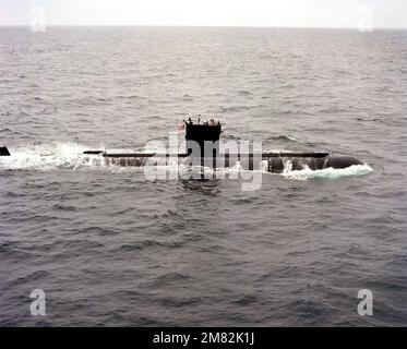 A starboard beam view of the research submarine USS DOLPHIN (AGSS 555 ...