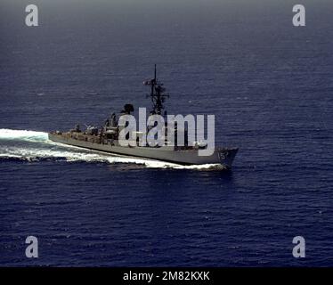 Aerial starboard bow view of the Charles F. Adams class guided missile ...