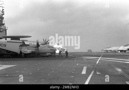 An Attack Squadron 56 (VA-56) A-7E Corsair aircraft bursts into flames ...