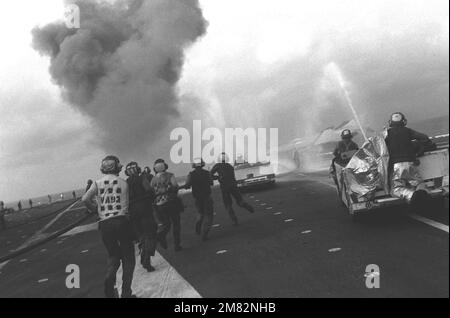 An Attack Squadron 56 (VA-56) A-7E Corsair aircraft bursts into flames ...