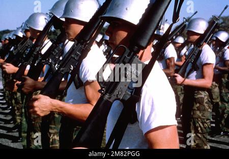 Marine recruits drill with M16A1 rifles during basic training at the ...