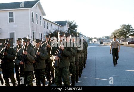 Marine recruits drill with M16A1 rifles during basic training at the ...