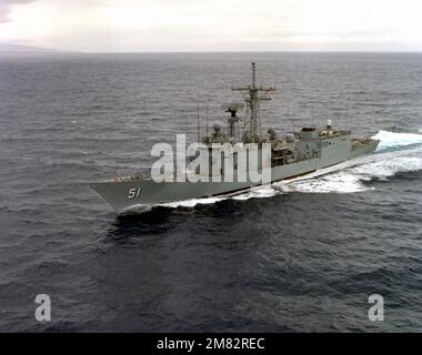 Aerial port bow view of the Oliver Hazard Perry class guided missile ...