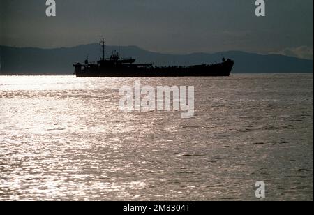 A starboard beam view of the tank landing ship USS SUMTER (LST-1181 ...