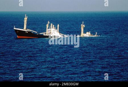 A port side view of the sinking Panamanian ship "SKY ONE". The tank ...