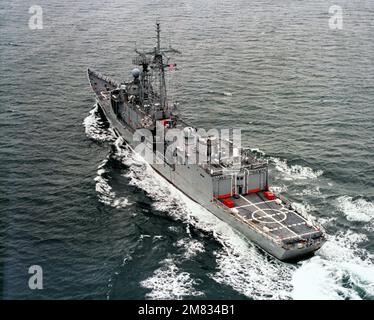 An elevated port quarter view of the guided missile frigate DE WERT ...