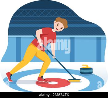 Curling Sport Illustration with Team Playing Game of Rocks and Broom in ...