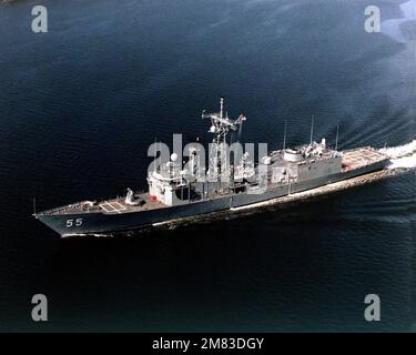 The guided-missile frigate USS Elrod (FFG 55) departs from the Marathi ...