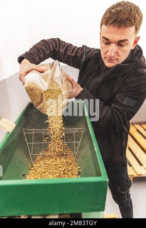 First fundamental step of brewing: milling the grain. Craft beer step ...