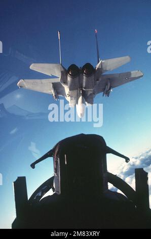 A rear view of a 36th Tactical Fighter Wing F-15 Eagle aircraft parked ...