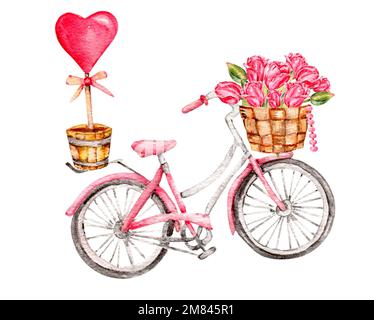 Watercolor hand drawn pink bicycle illustration, transport clipart ...