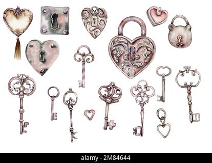 Watercolor set of old rusty keys, hand-drawn on a white background ...