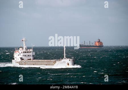 A starboard bow view of the Soviet merchant vehicle cargo ship Donetsk ...