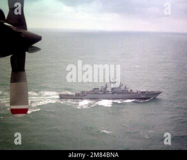 An aerial view of the Soviet Krivak I-class guided missile frigate 959 ...