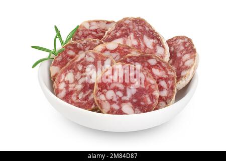 Cured salami sausage in ceramic and wooden bowl isolated on white ...
