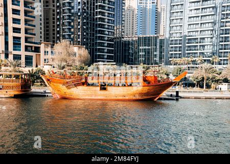 Old wooden ship, Dhow cruise in Dubai Marina, Dubai, United Arab ...